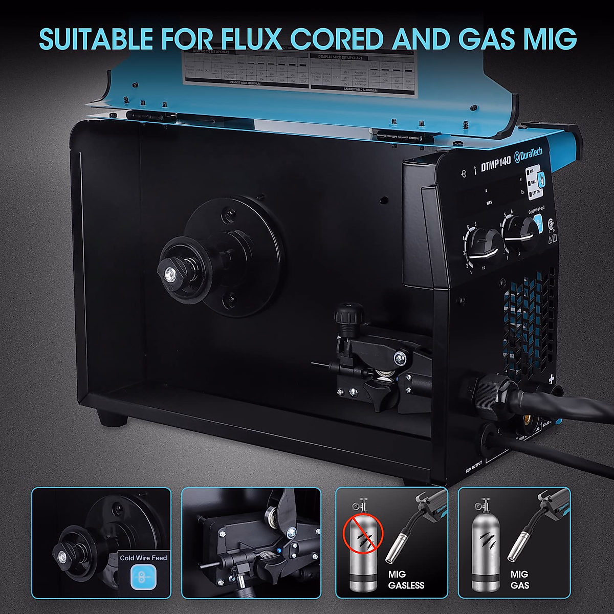 DURATECH 140Amp MIG Welder, 120V Flux Core Welder MIG/Lift TIG/Stick 3-in-1Welding Kit with Cold Wire Feed, Welding Gun and 15A to 20A Plug Adapter, Portable Smart Welding Machine IGBT Inverter Welder
