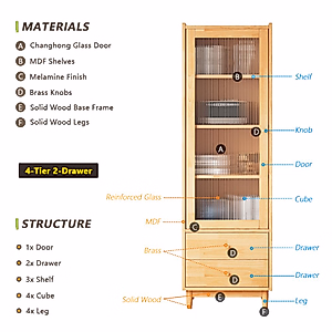 NELYE Wooden Glass Door Bookcase - 4-Tier Cube Bookshelf Storage Cabinet with Double Drawer and Adjustable Shelf, Solid Wood Legs Cupboard in Pear Yellow