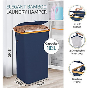 Royal Assad Large Collapsible Laundry Hamper with Lid - Foldable Bamboo Laundry Basket with 2 Removable Bags for Clothes, Towels, Bedroom, Bathroom - 27.2 Gallons (103L) - Dark Blue