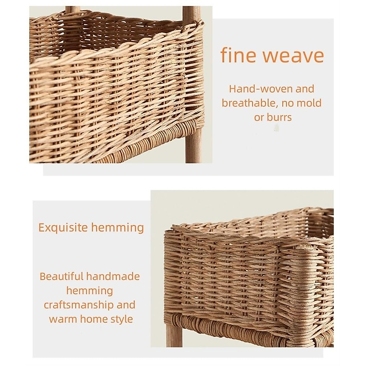 Rattan Shelving Unit 3 Tiers Standing Wooden Caddy | Hand Woven Portable Laundry Bin Basket | Living Room, Bedroom, Kitchen Organizer