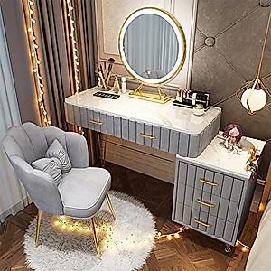 Makeup Vanity Mirror with Lights and Table Set,Girls Dressing Table with Stool and 3 Color Lighted Mirror Seperated with Desk,Movable Bedside Table,Ideal for Home Bedroom Decor(Grey,80 x 40CM)