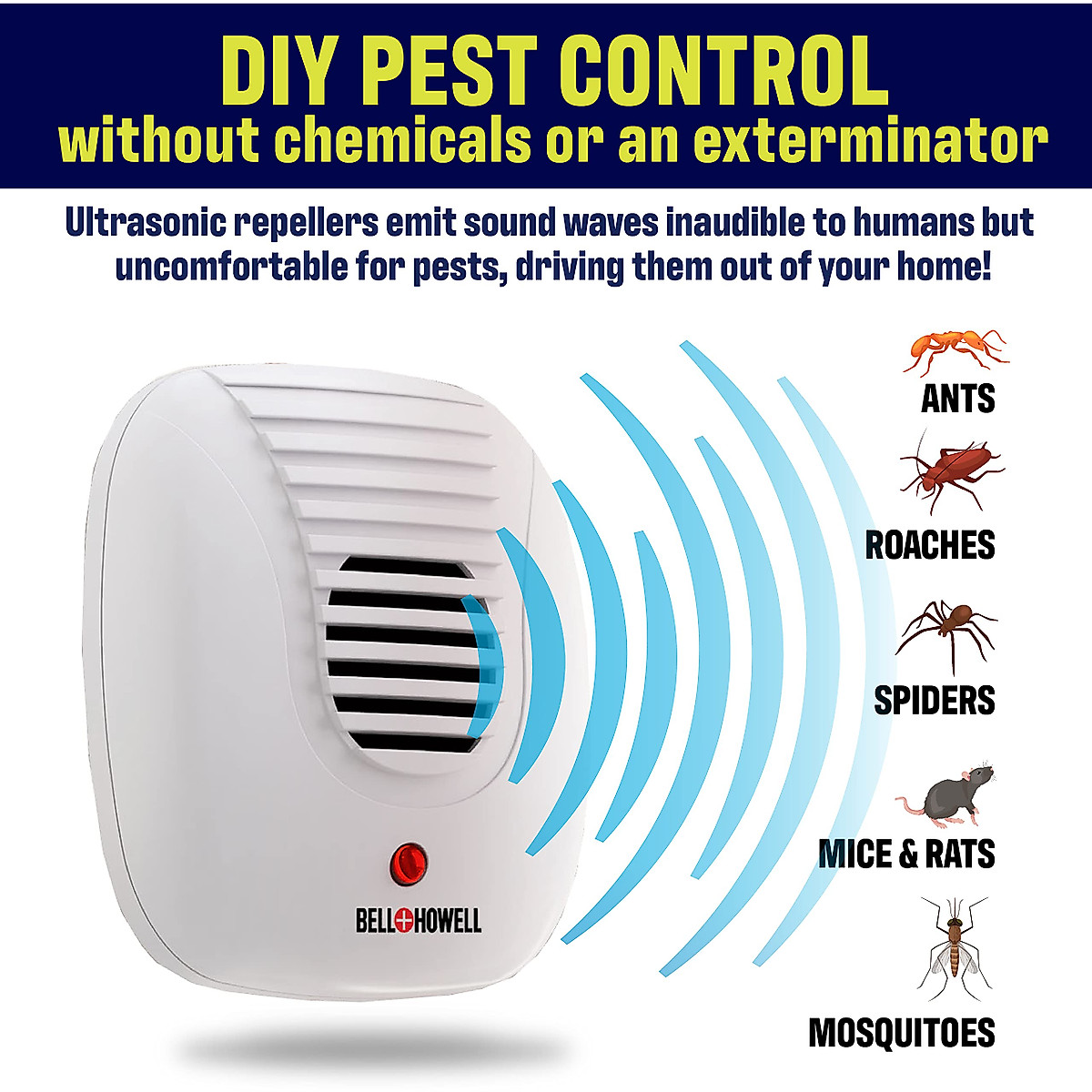 Bell + Howell Ultrasonic Pest Repeller Home Kit (Pack of 3), Ultrasonic Pest Repeller, Pest Repellent for Home, Bedroom, Office, Kitchen, Warehouse, Hotel, Safe for Human and Pet
