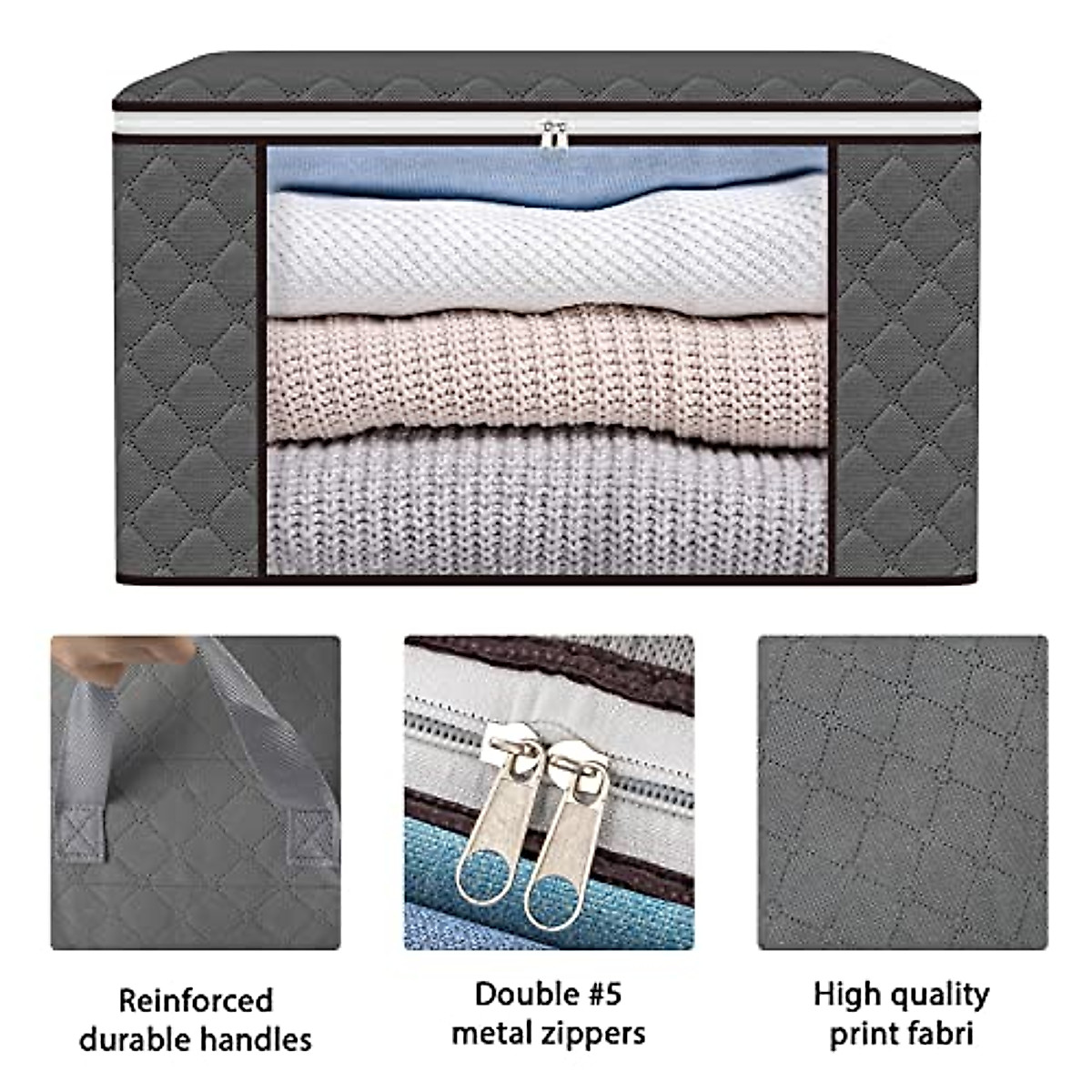 Isbasa 8 Pack Large Clothes Storage Bags, Foldable Storage Bags for Clothes, Comforter, Blanket, Pillow with Clear Window Sturdy Zipper and Reinforced Thick Fabric Handle, Grey, 90L