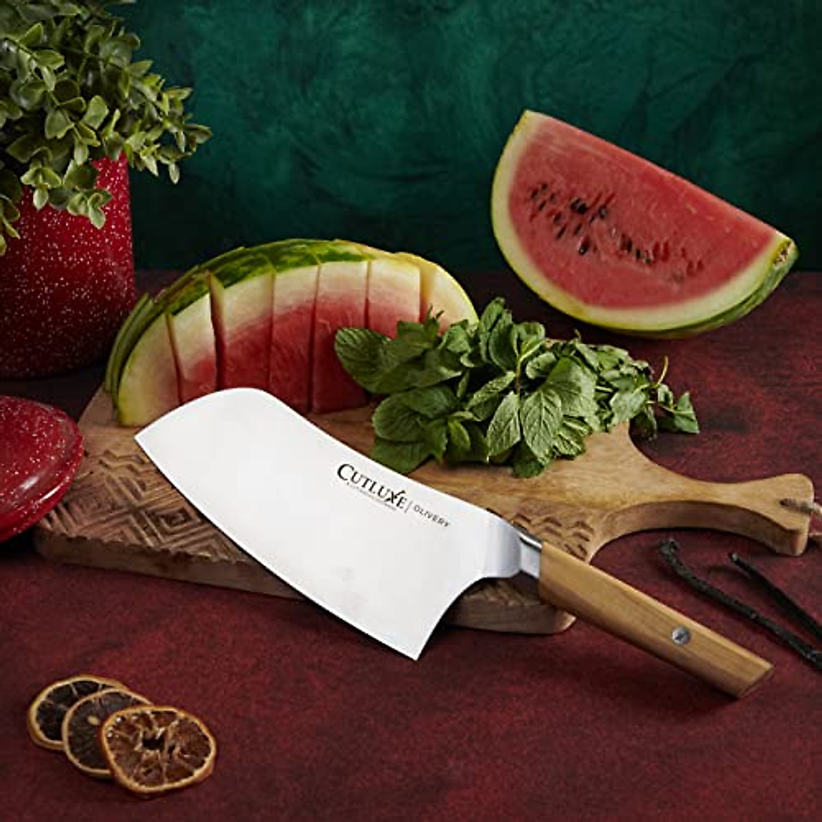 CUTLUXE Cleaver Knife - 7" Vegetable and Meat Butcher Knife - Olive Wood Handle – Full Tang – Olivery Series
