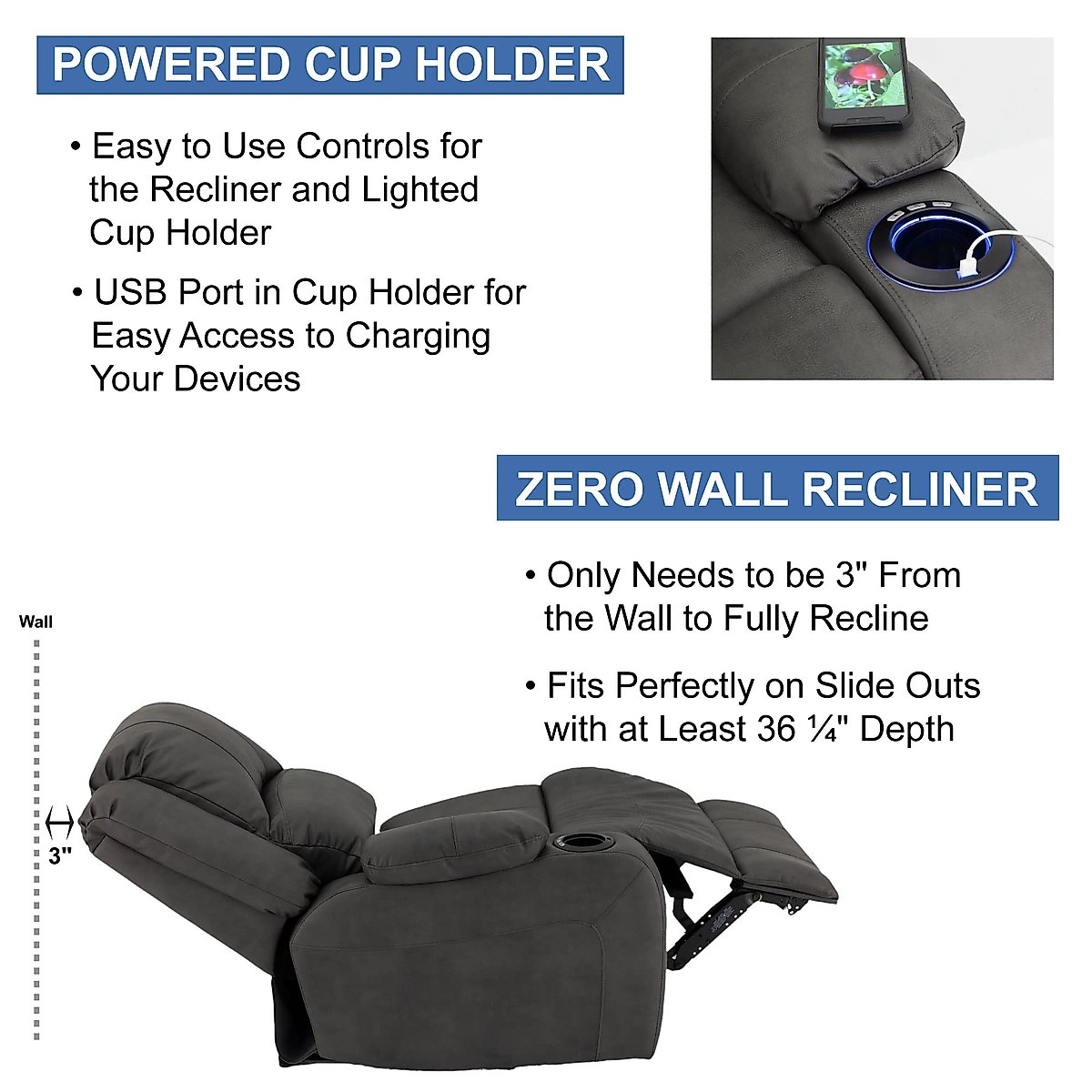RecPro Charles 58" Powered Double RV Wall Hugger Recliner Sofa RV Loveseat with Upgraded 2023 Fabric (Gunmetal)