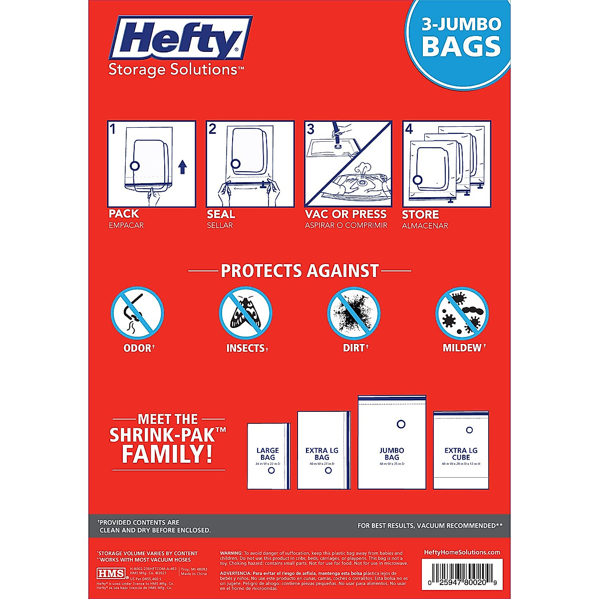 Hefty Shrink-Pak – 3 Jumbo Vacuum Seal Storage Bags – Space Saver Bags for Clothing, Pillows, Towels, or Blankets, 3 x XXL Bags