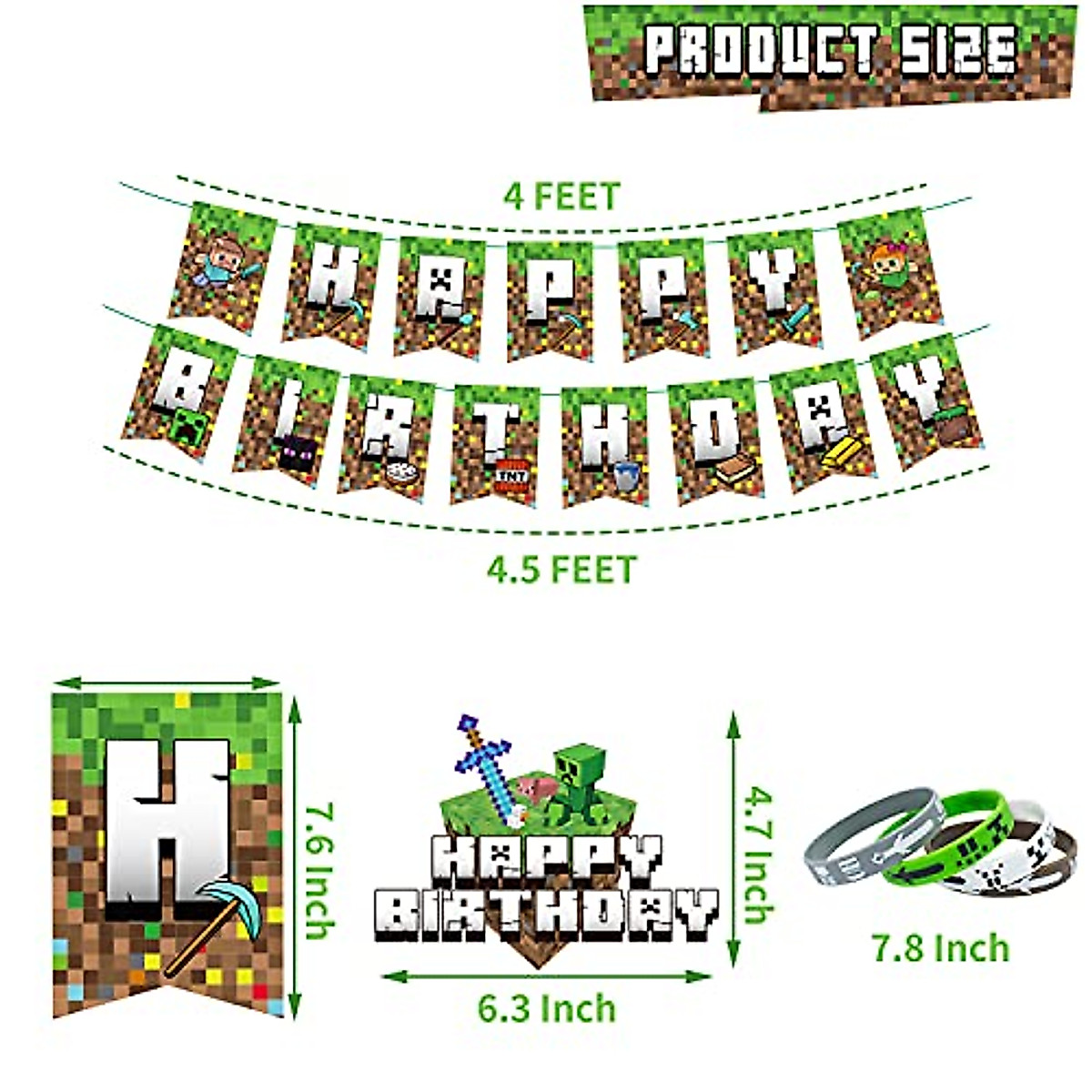 Pixel Style Gamer Birthday Party Supplies for Game Fans, 106 Pcs Miner Theme Birthday Party Decorations for Boys - Banner, Cake and Cupcake Toppers, Cupcake Wrappers, Balloons, Bracelets, Paper Glasses, Hanging Swirls, Invitation Cards.