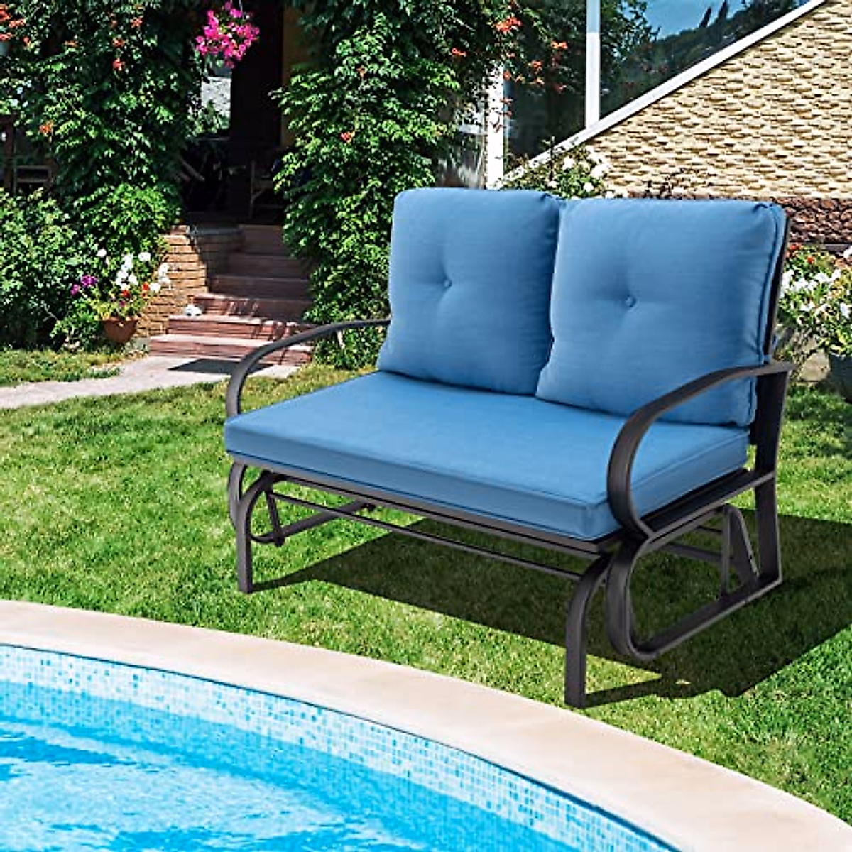 Tangkula 2-Person Outdoor Glider Bench, Swing Seat Bench with Seat & Back Cushions, Sturdy Rustproof Steel Frame, Smooth & Gentle Gliding Motion, Patio Rocking Loveseat for Backyard, Porch (Blue)