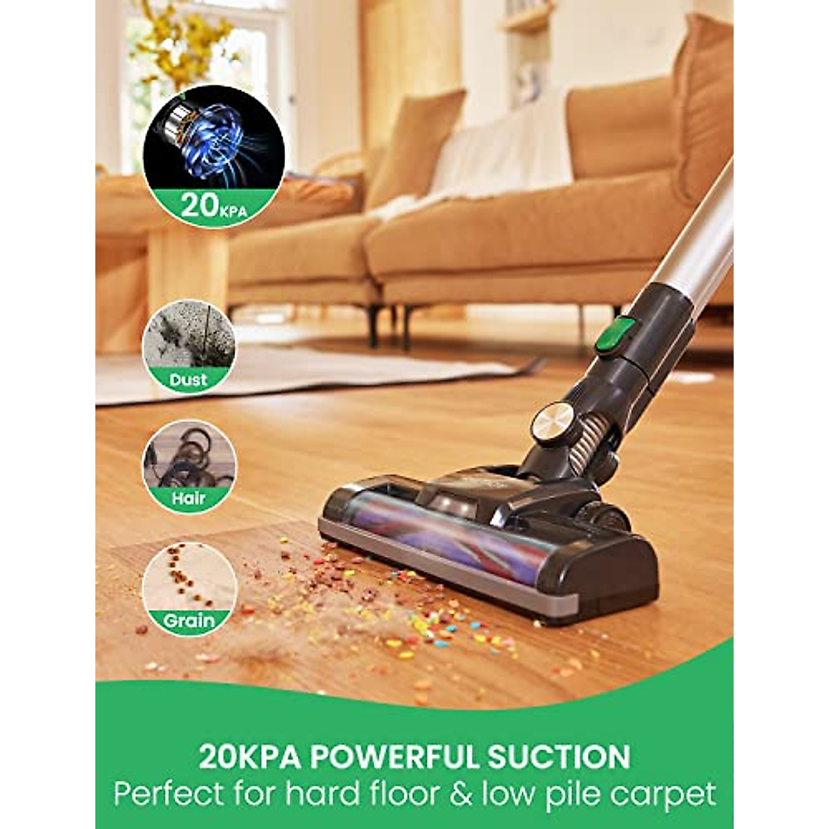 Vactidy Cordless Vacuum Cleaner, Lightweight Stick Vacuum with 20Kpa Suction, Detachable Battery, Max 35mins Runtime, 6 in 1 Handheld Vacuum Cordless for Hard Floor Carpet Pet Hair