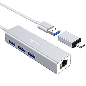 USB 3.0 Hub with Gigabit Ethernet Adapter,VEMONT Aluminum USB 3.0 to 1000M LAN Port & 3 USB 3.0 Ports,USB Splitter with Type C Adapter Compatible for Mac, Chromebook,Surface,and Other PC/Laptop