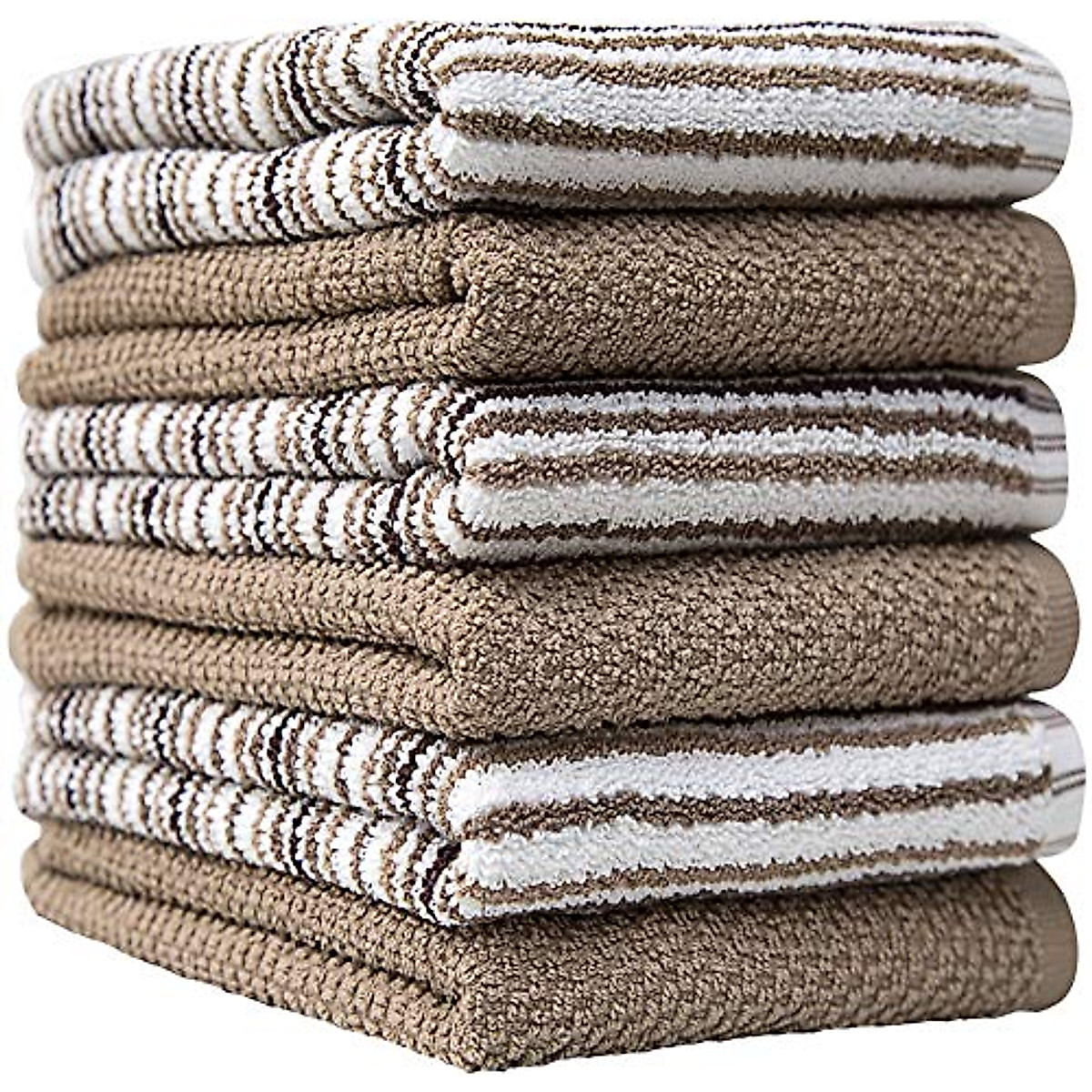 400 GSM Absorbent 6 Pack Cotton Popcorn Stripe Kitchen Towels with Hanging Loop - 16x26 Inches, Tan