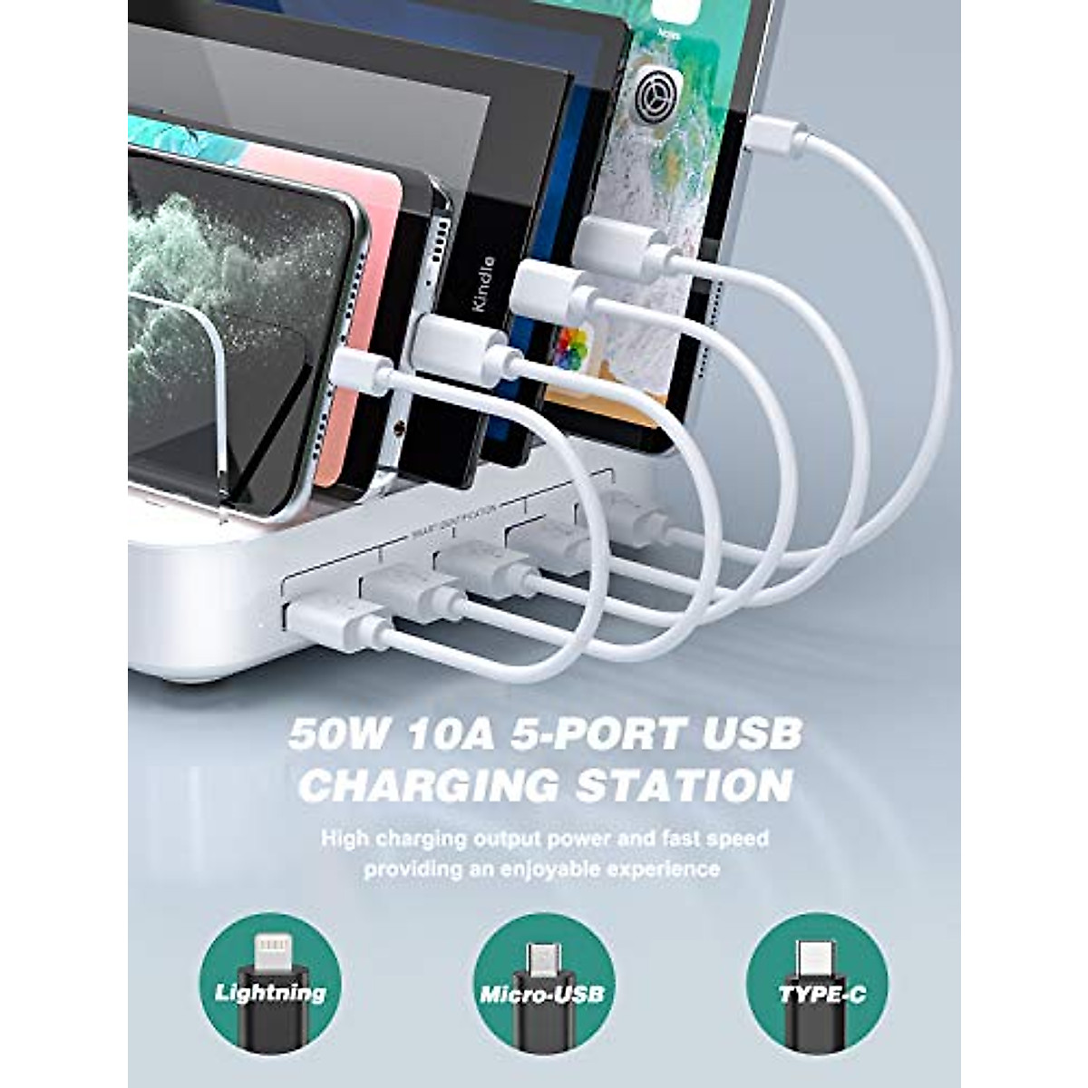 Charging Station for Multiple Devices - 5 in 1 Charging Dock Built-in AC Adapter with 5 USB Fast Ports and 8 Short Cables Charging Stand for iWatch, Airpods, Cell Phones, Smart Phones, Tablets (WHITE)