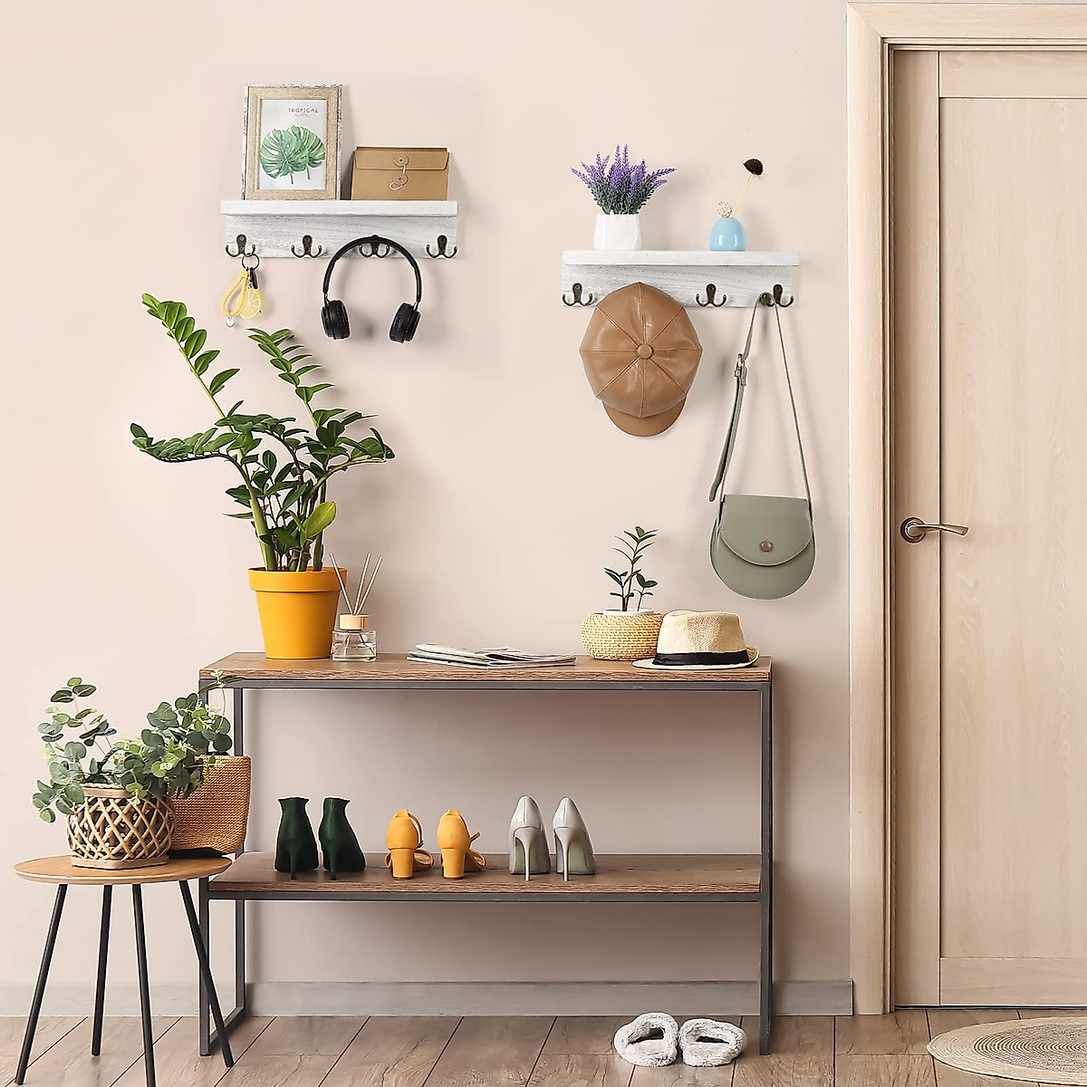 Vrisa Coat Hooks Shelves with 16 Hooks Coat Rack Wall Mounted Towel Rack Wood Hanging Storage for Entryway Bathroom Bedroom Living Room Shelf for Towel Key Set of 2