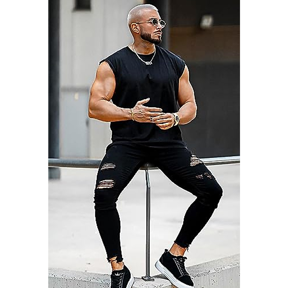 GINGTTO Skinny Fit Stretch Jeans for Men Destroyed Ripped Denim Jeans Black 30