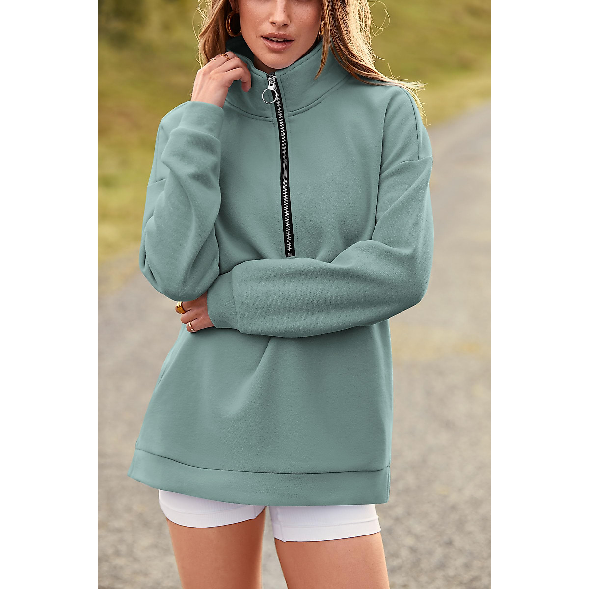 PRETTYGARDEN Women Causal 1/4 Zip PulloverLong Sleeve Collar Sweatshirts Solid Activewear Running Jacket (Green, Large)