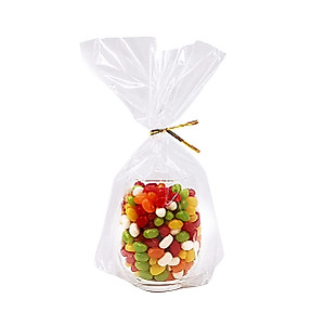 Wowfit 50 CT 8” x 12” Clear Flat Cellophane Treat Bags with 6” Gold Twist Ties, Cello Packaging for Mugs, Dessert, Muffins, Party Favors and Gift Wrapping