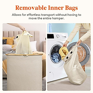 Lifewit 150L Laundry Basket with Lid 3 Section, Large Laundry Hamper with Bamboo Handles and Removable Laundry Bags, Clothes Hampers for Laundry for Bedroom, Bathroom, Dorm, Laundry Room, Beige