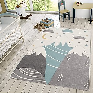 Paco Home Kids Rug for Childrens Room Mountains Starry-Sky in Light Blue Gray White, Size: 6'7" x 9'6"