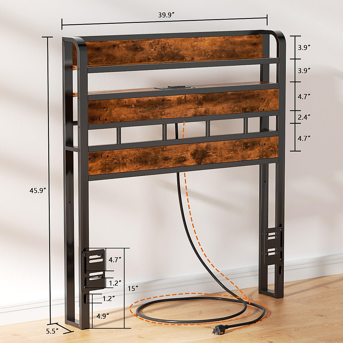 Furnulem Twin Size Headboard Only 2 Outlets 2 USB Ports Bed Headboards with Charging Station 2 Tier Storage Headboard Shelf for Dorm Bedroom Sturdy Adjustable RGB Light Headboards Rustic Brown