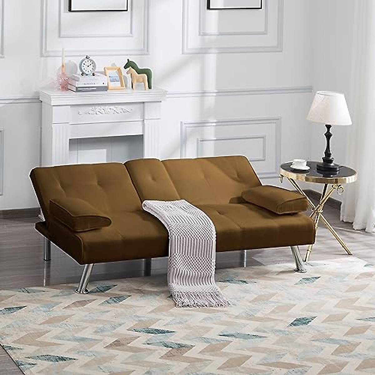 YUNLife&Home Upholstery Futon Sofa Loveseat Convertible Sleeper Couch Bed Daybed,Folding Recliner Sofá with 2 Cup Holders,Removable Soft Pillow-Top Armrest,3 Angles,Easy to Assemble for Living Room