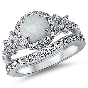 LaRaso & Co His Hers TRIO Wedding Set Titanium Band Sterling Silver White Opal Bridal Engagement Ring Set Him Her 12/9