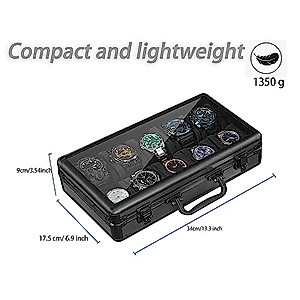 RIGICASE 10 slots Aluminum watch case for men, Luxury watch display storage organizer box with clear window, matt black metal watch cabinet fit watches up to 55mm face