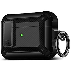Maxjoy for Airpods Pro 2nd Generation Case, Carbon Fiber Secure Lock Clip Full Body Shockproof Hard Shell Protective Case Cover with Keychain for Apple AirPod Pro 2, Black