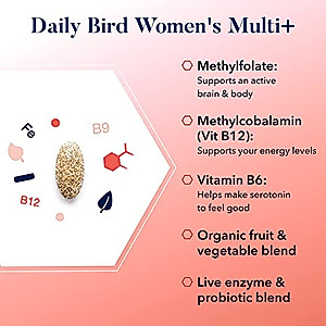 Best Nest Wellness Daily Bird Women's Multivitamin for Women with Probiotics, Methylfolate, Natural Whole Food Organic Blend, Once Daily Vitamins, Gluten Free, Includes Bonus Smart Brain Guide, 30 Ct
