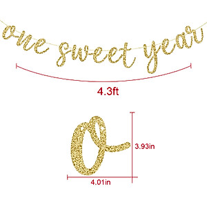 One Sweet Year Banner, First Birthday Anniversary Party Decorations Supplies for Boys Girls, Sweet One Bunting Sign, 1st Bday Baby Shower Hanging Ornament, Pre-Strung, Photo Props, Gold Glitter
