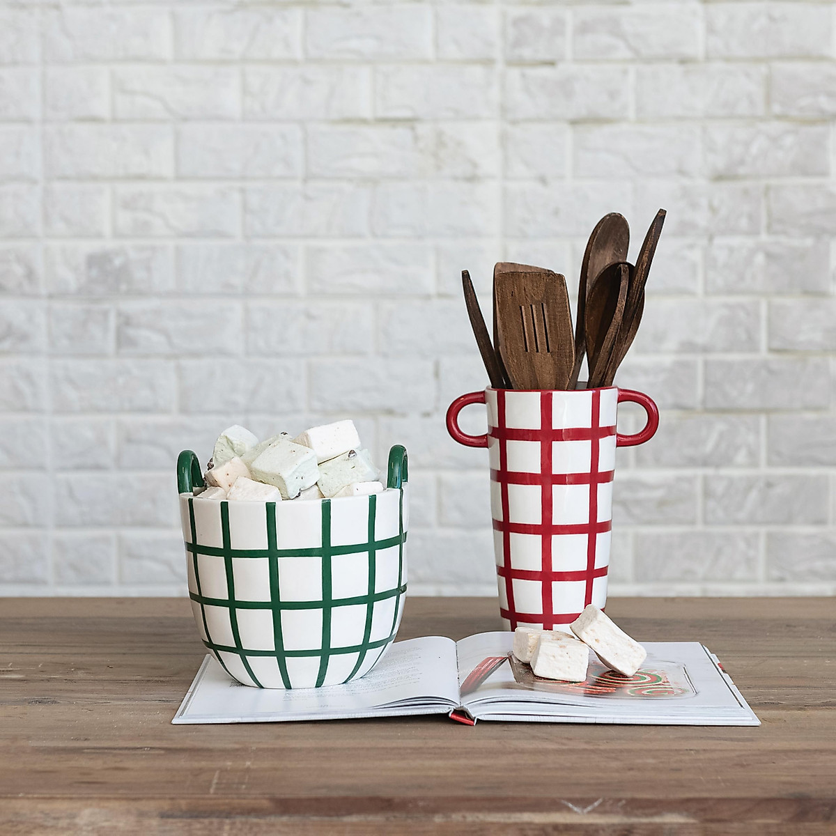 Creative Co-Op Hand-Painted Stoneware Container with Grid Pattern and Handles, Red and White