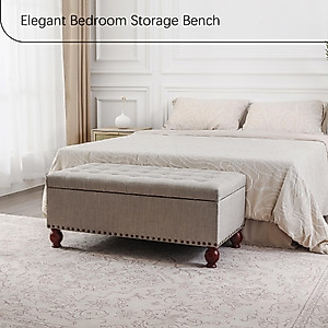 Asense Storage Ottoman Bench, 40'' Linen Fabric Rectangle Upholstered Bench with Hinged Lid for End Foot of Bed, Living Room, Bedroom, Noble Light Gray