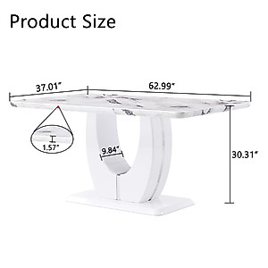 Kootlena Rectangular 63" Marble Dining Table, Luxurious Dining Room Table with 1.4" Faux Marble Top and White U-Shape MDF Base, Modern Kitchen Dining Table for Kitchen Living Dining Room