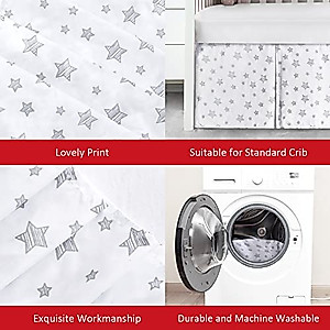 Crib Skirt Boy Girl Pleated Dust Ruffle Machine Washable, 14" Drop, Toddler Crib Bed Skirt White with Grey Star, Microfiber Nursery Standard Crib Bedding Skirt