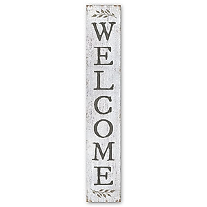 My Word! Welcome White W/Sprig Welcome Sign and porch leaner for Front Door, Porch, Yard, Deck, Patio, or Wall - Indoor Outdoor Decorative Farmhouse Rustic Vertical Home Decor – 8”x46.5”