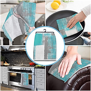 Kitchen Towels Set Abstract Paint Art Graffiti Lattice Tea Towel Microfiber Absorbent Washable Teal Turquoise White Grey Soft Hand Dish Towel Cleaning Cloth for Kitchen Bathroom, 18 x 28 Inch