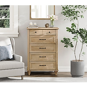 WAMPAT Small Dresser for Bedroom with 5 Drawers & Solid Wood Legs, Mid Century Modern Chest of Drawers Vertical Dresser Storage Organizer, Farmhouse Dresser for Kids Bedroom, Oak