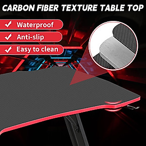 YYkokocat Small Gaming Desk 35 Inch PC Computer Desk with Headphone Hook Z Shaped Home Office Table Gamer Workstation for Small Spaces Gamer Desk Carbon Fiber Texture, Black Red