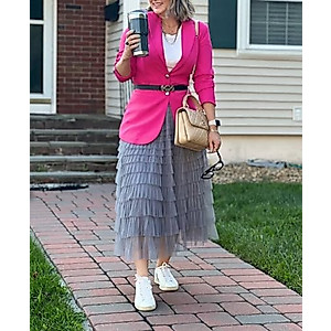 Elegant A Line Fairy Tulle Tiered Skirt for Women Elastic High Waist Layered Mesh Tutu Flowy Long Skirts for Women,Grey,Size for 110lbs-175lbs