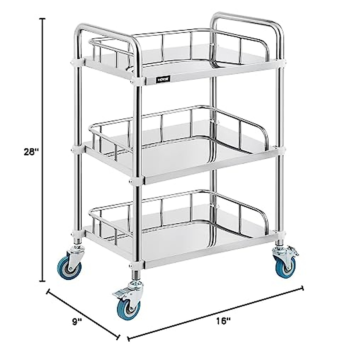 VEVOR Shelf Stainless Steel Utility Cart Catering Cart with Wheels Medical Dental Lab Cart Rolling Cart Commercial Wheel Dolly Restaurant Dinging Utility Services (3 Shelves)