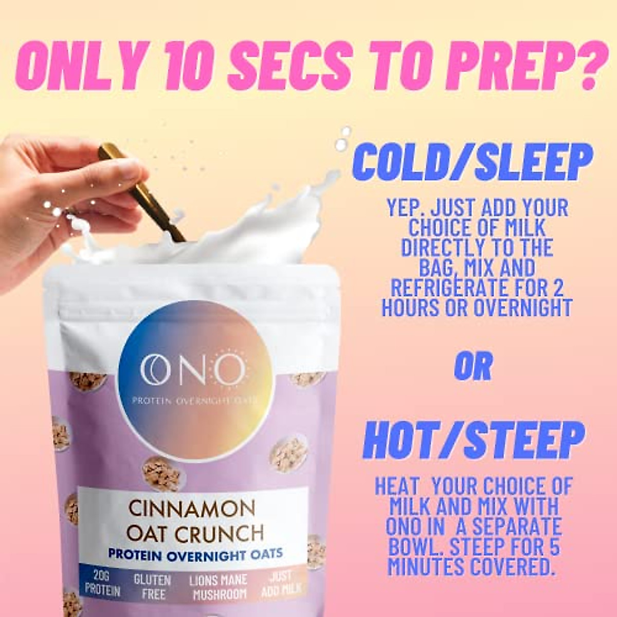 ONO Overnight Oats - All Flavor Variety Bundle (8 Pack) - 20g Protein Oatmeal, Overnight Oats, Gluten Free, and Low Sugar Oatmeal - Organic Gluten-Free Oats, 20g of Protein, Organic Chia Seeds & Flaxseeds, Lion's Mane Mushroom