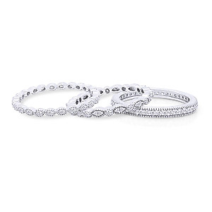 AFFY Womens Anniversary Eternity Bands 3 Stackable Rings Cubic Zirconia Engagement Bridal Milgrain Marquise Infinity Ring 14K White Gold Plated 925 Sterling Silver Ring Sets Size-8.5