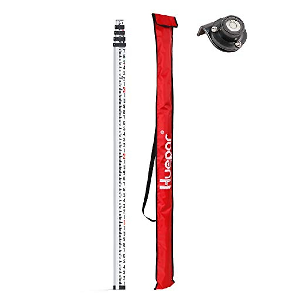 Huepar 16 - Foot Aluminium Grade Rod -8ths 5 Sections Telescopic with Bubble Level - Waterproof Soft Carrying Bag Included GR5