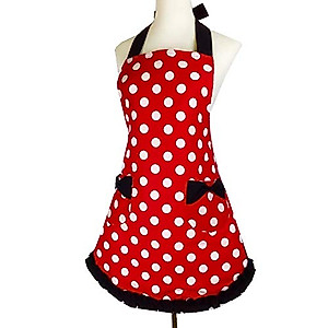 Hyzrz Lovely Retro Adjustable Red Polka Dot Aprons for Women Girls Cute Funny Apron Bowknot 2 Pockets