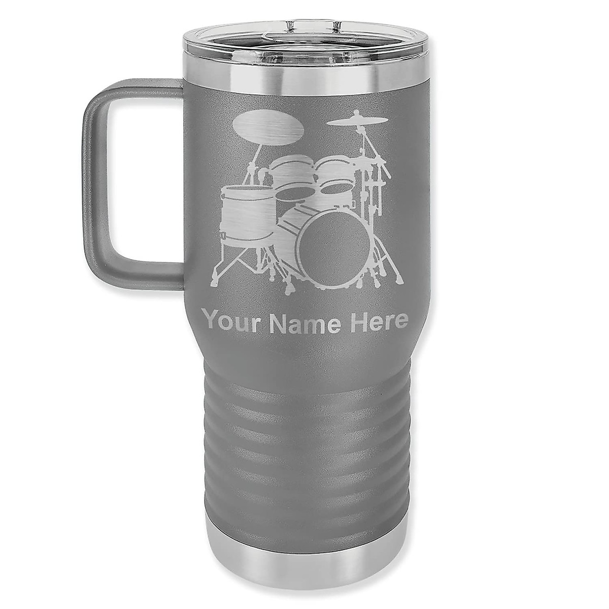 20oz Vacuum Insulated Travel Mug with Handle, Drum Set, Personalized Engraving Included (Gray)