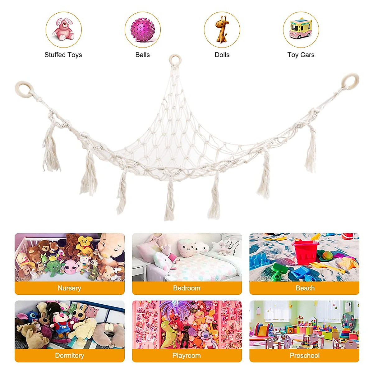 Stuffed Animal Hammock, 41inch Hand-Woven Toy Hammock Boho Tassel Macrame with Star Light String Corner Hanging Organizer Storage Plush Toys Net Holder for Nursery Play Room Kids Bedroom Decoration