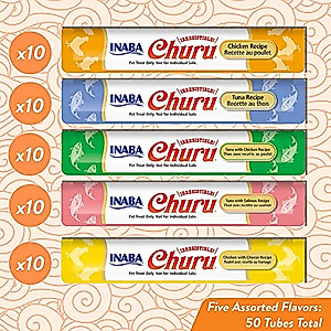 INABA Churu Cat Treats, Grain-Free, Lickable, Squeezable Creamy Purée Cat Treat/Topper with Vitamin E & Taurine, 0.5 Ounces Each Tube, 50 Tubes, Tuna & Chicken Variety