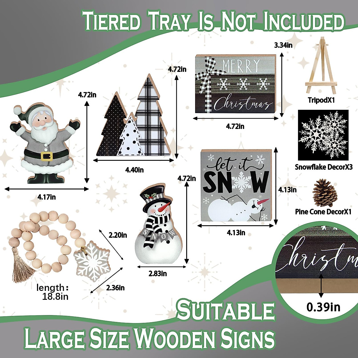 Uruney Merry Christmas Tiered Tray Decor, Grey Xmas Tree Santa Tray Decorations, Gray Snowman Snowflake Let It Snow Wooden Signs, Holiday Rustic Farmhouse Home Decor for Table Shelf Mantel Party