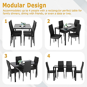 Ruesleag Dining Table Set 5-Piece Dining Room Glass Tabletop Table &Upholstered Chairs for 4 Modern Kitchen Table with Chairs Space-Saving Home Furniture for Dining Room Kitchen Living Room,Black