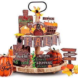 Fall Tiered Tray Decor Wooden Thanksgiving Tray Signs Rustic Farmhouse Pumpkin Maple Leaf Turkey Table Decor with Base Wood Frame for Autumn Thanksgiving Harvest Home Kitchen Decorations (Turkey)