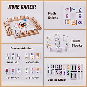 PUREPLAY Mexican Train Dominoes Set with Numbers - Double 12 Colored Number Dominoes - Includes 91 Tiles with 9 Trains, 4 Wooden Trays and Storage Bag for 2-8 Players Ages 8+